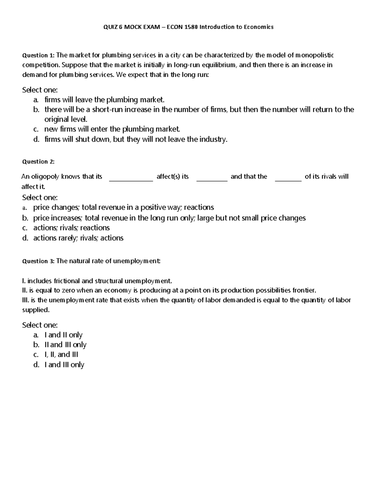 QUIZ 6 MOCK EXAM - ECON 1580-Introduction to Economics - QUIZ 6 MOCK ...
