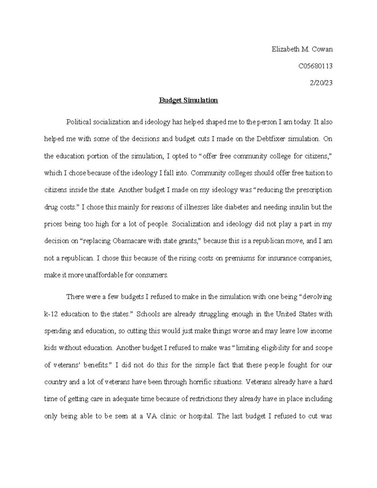 MO6 Budget Simulation - Elizabeth M. Cowan C 2/20/ Budget Simulation ...