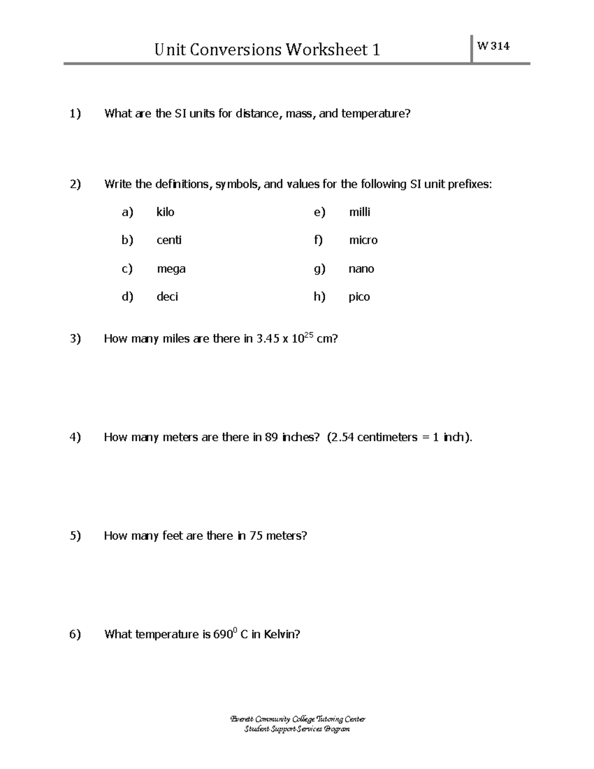 W314 unit conversions worksheet 1 - Unit Conversions Worksheet 1 W 314 ...