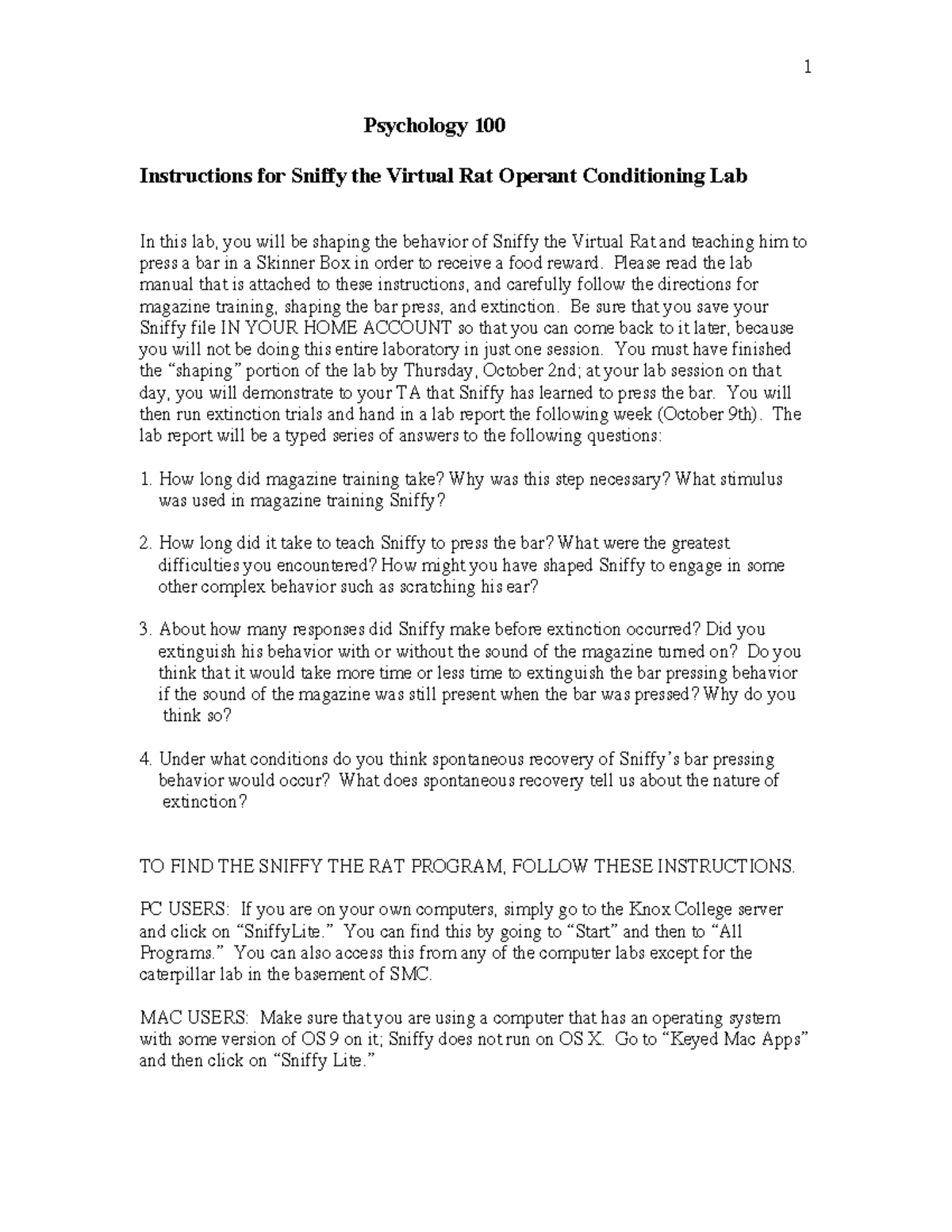 Sniffy operant - Psychology 100 Instructions for Sniffy the Virtual Rat ...