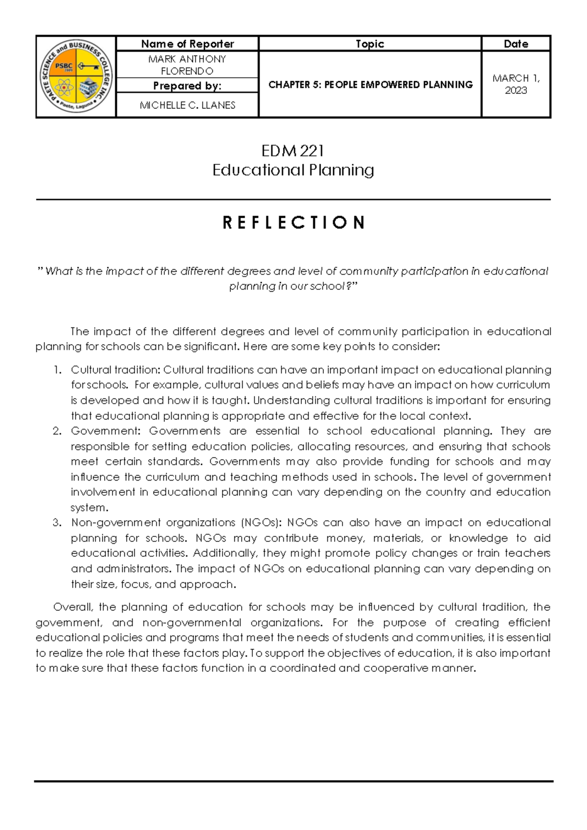 EDM-221- Reflection- Chapter 5- Llanes- Michelle - . Name of Reporter ...