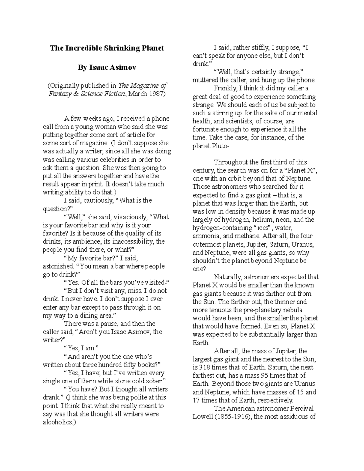 Activity 11(Pluto Article)The Incredible Shrinking Planet - The Incredible Shrinking Planet By ...