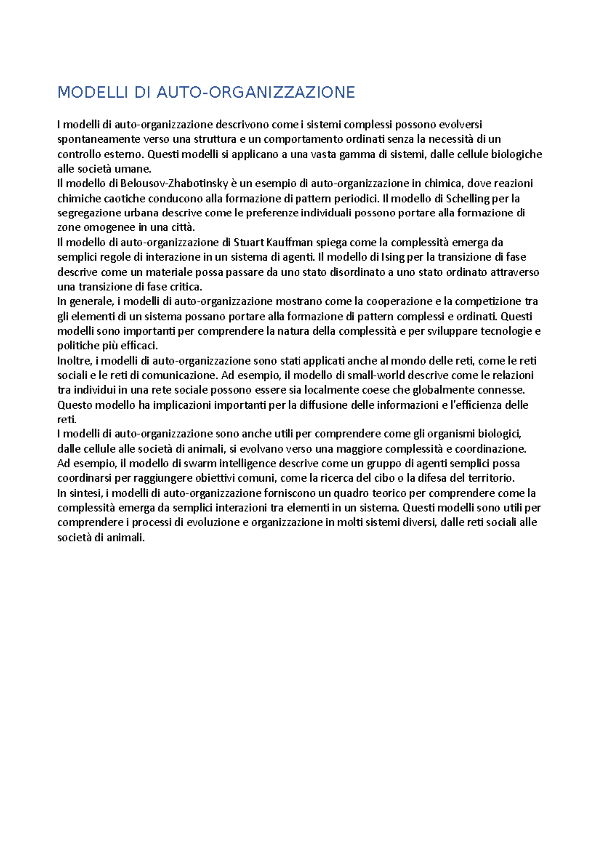 Modelli DI AUTO- Organizzazione - MODELLI DI AUTO-ORGANIZZAZIONE I ...