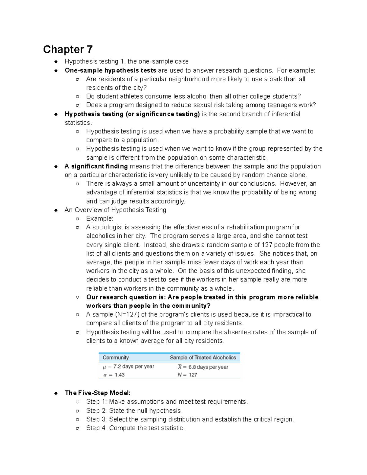 Quiz 2 Notes - Chapter 7 Hypothesis testing 1, the one-sample case One ...