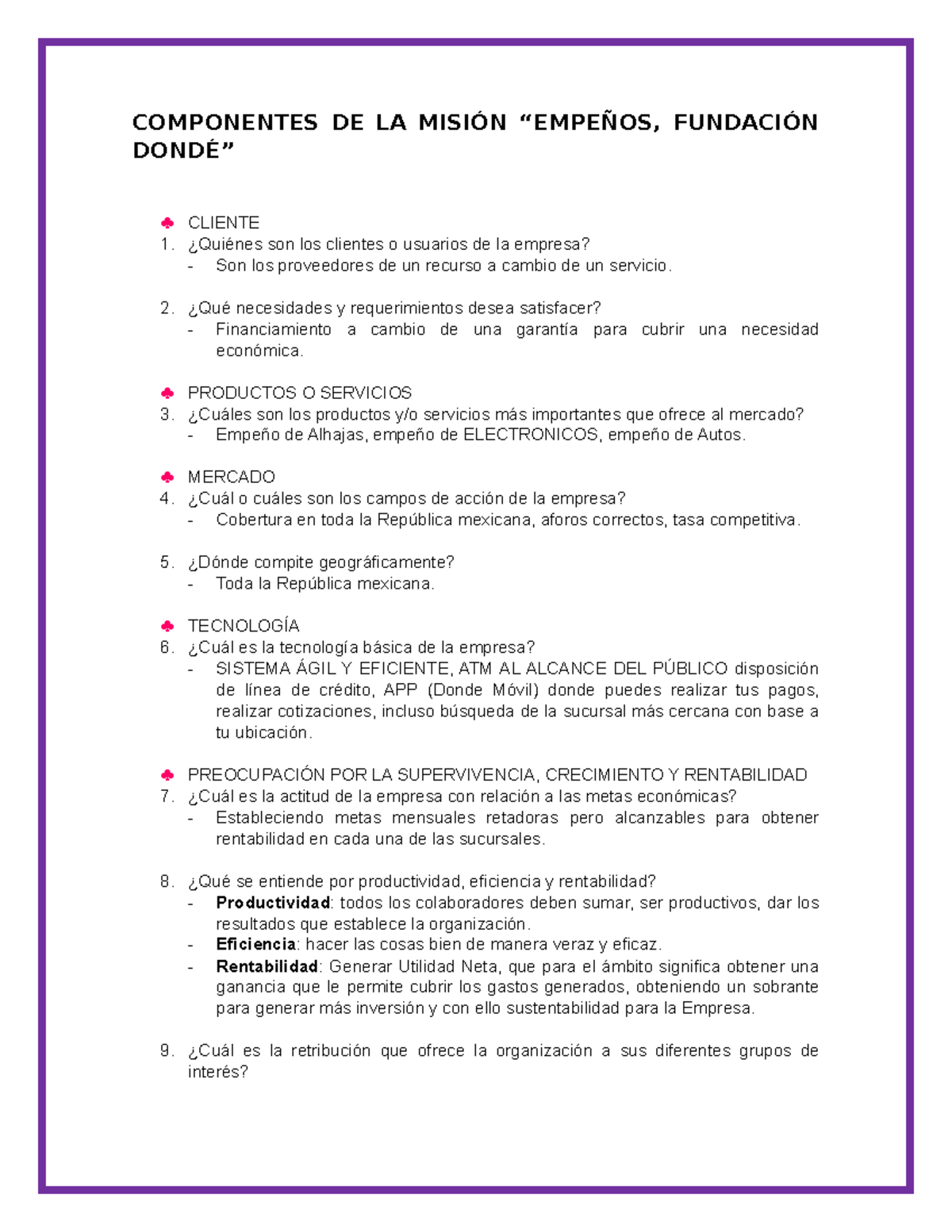 Componentes DE LA Misión - COMPONENTES DE LA MISIÓN “EMPEÑOS, FUNDACIÓN ...