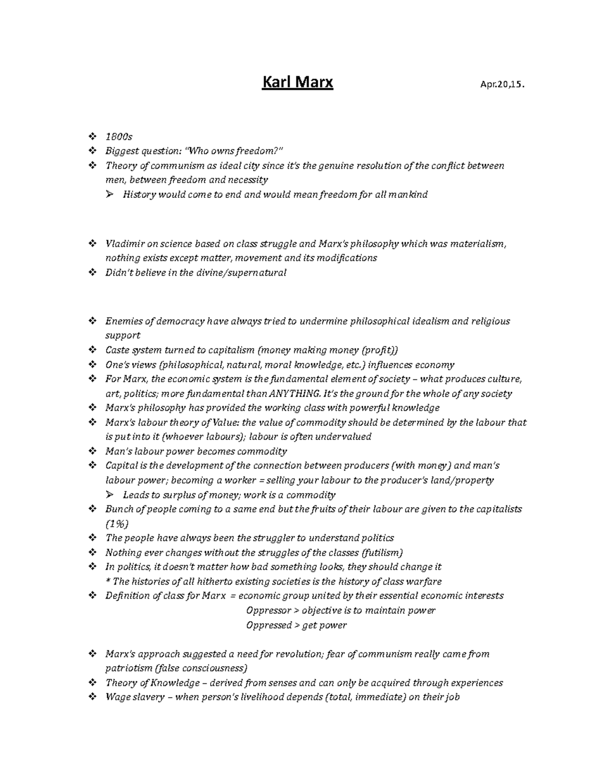 Philosophy intro - Marx - Karl Marx Apr,15. 1800s Biggest question ...