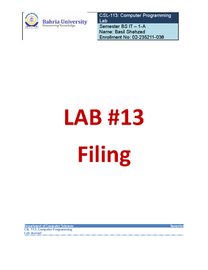 Assignment 12 Pointers of computer programming lab in bukc - Lab Semester BS IT – 1-A Name ...