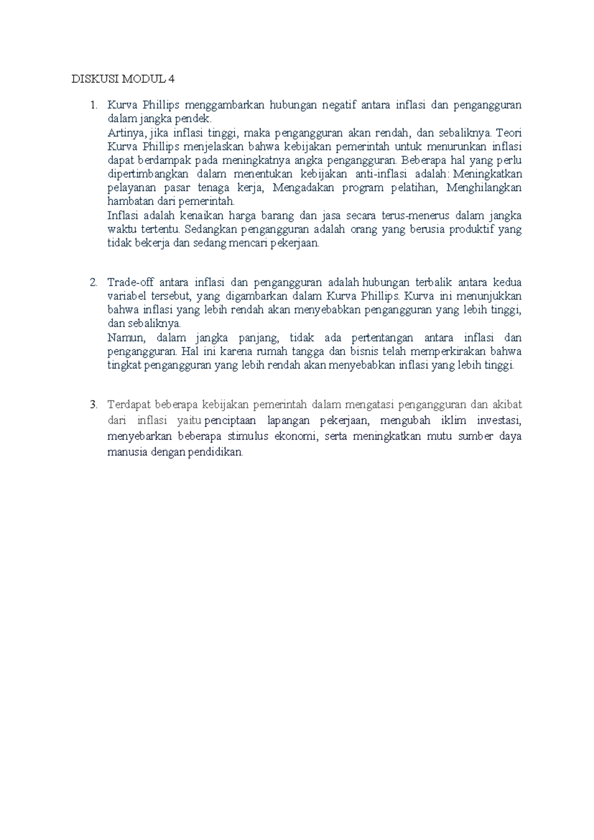 Diskusi Modul 4 - DISKUSI MODUL 4 Kurva Phillips menggambarkan hubungan negatif antara inflasi ...