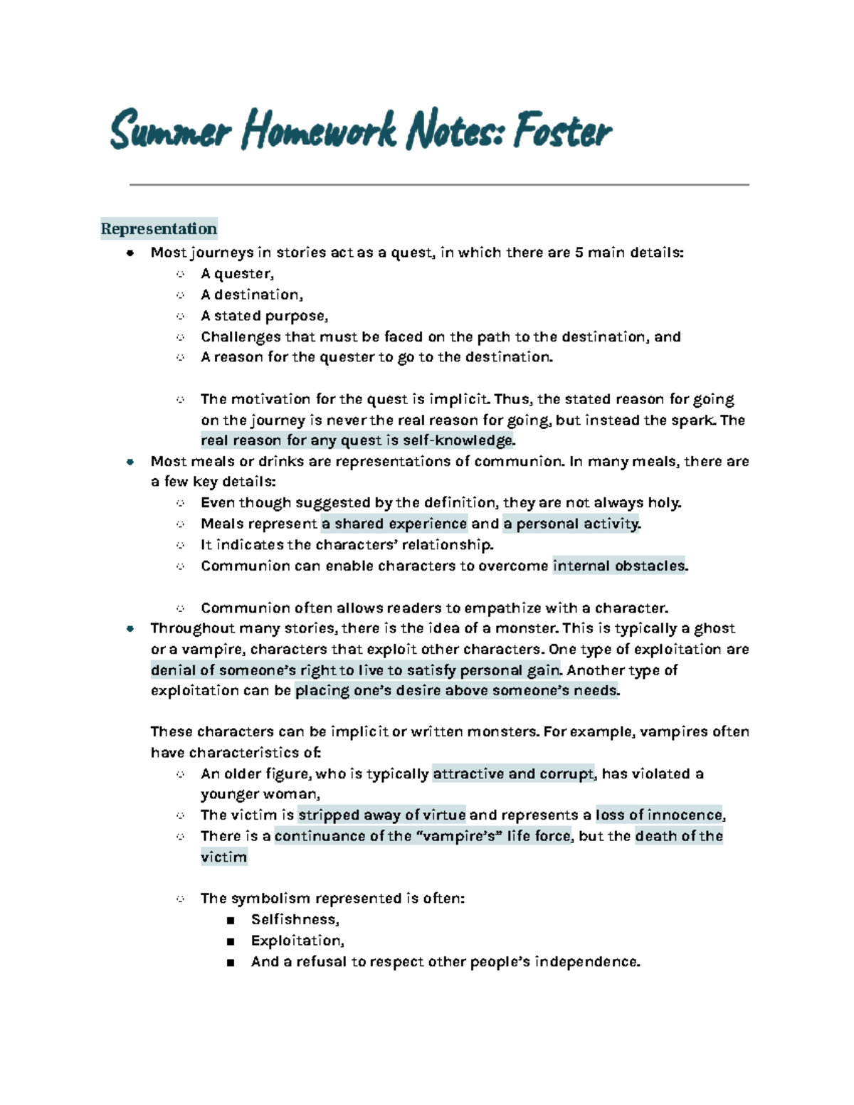 Summer Homework Notes - Foster - Representation Most journeys in ...
