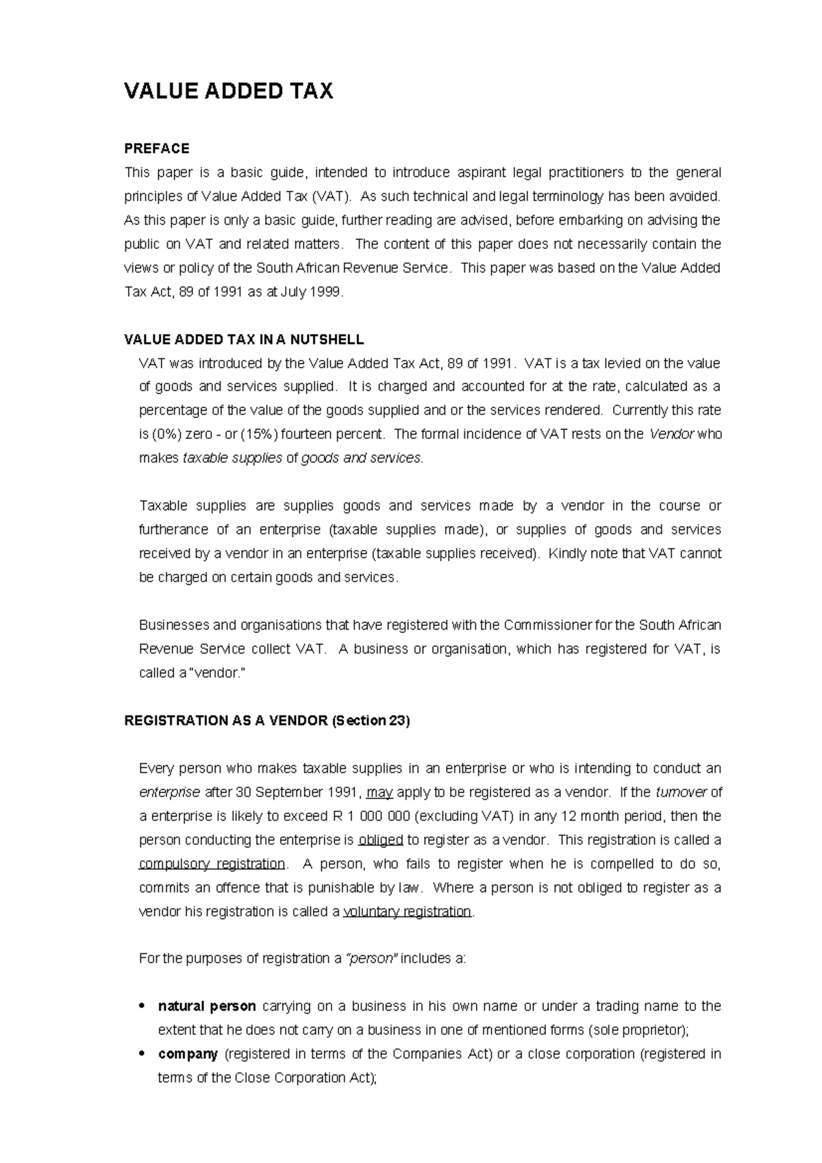 Vat in a nutshell - Summary Taxation - VALUE ADDED TAX PREFACE This ...