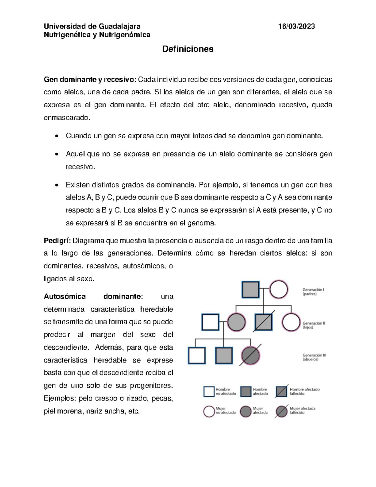 Tipos de Genes (dominante y recesivo) - Universidad de Guadalajara 16/03/ Nutrigenética y - Studocu