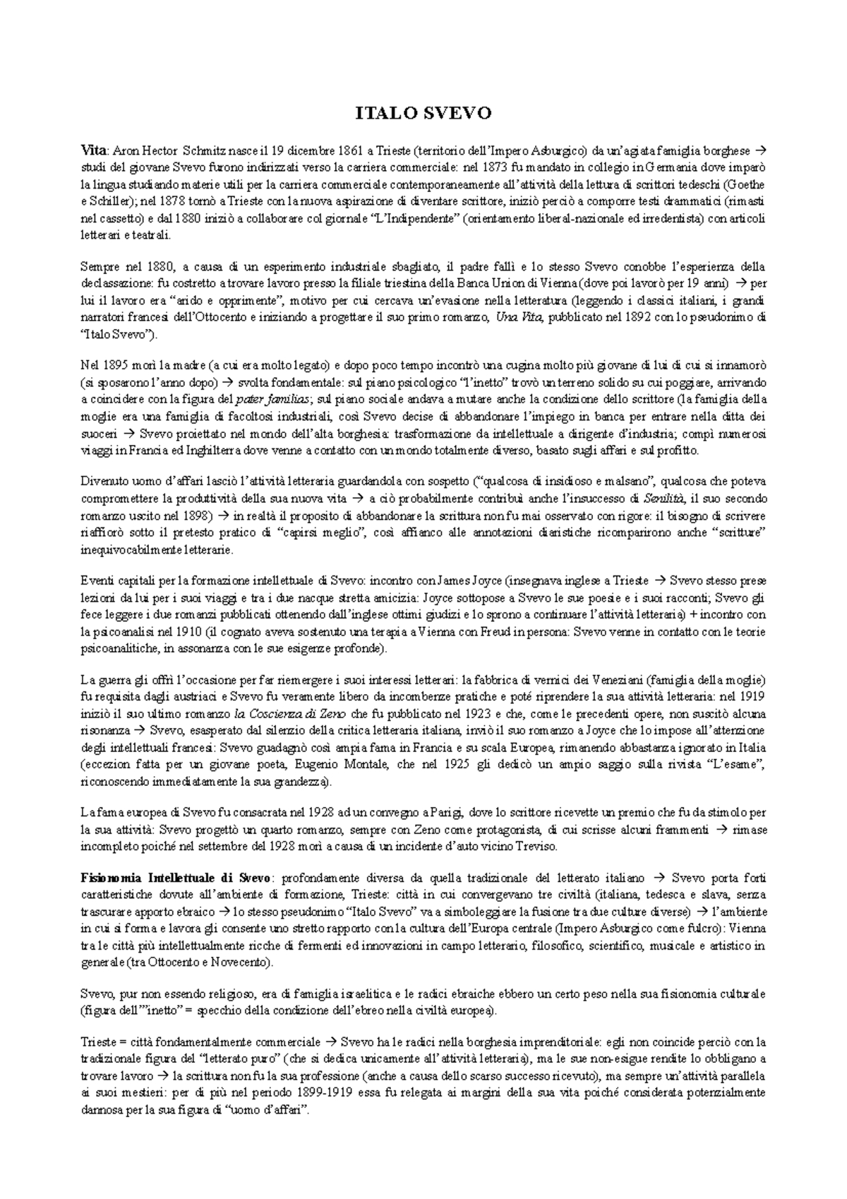 Italo Svevo, Pensiero e Opere - ITALO SVEVO Vita: Aron Hector Schmitz nasce il 19 dicembre 1861 ...