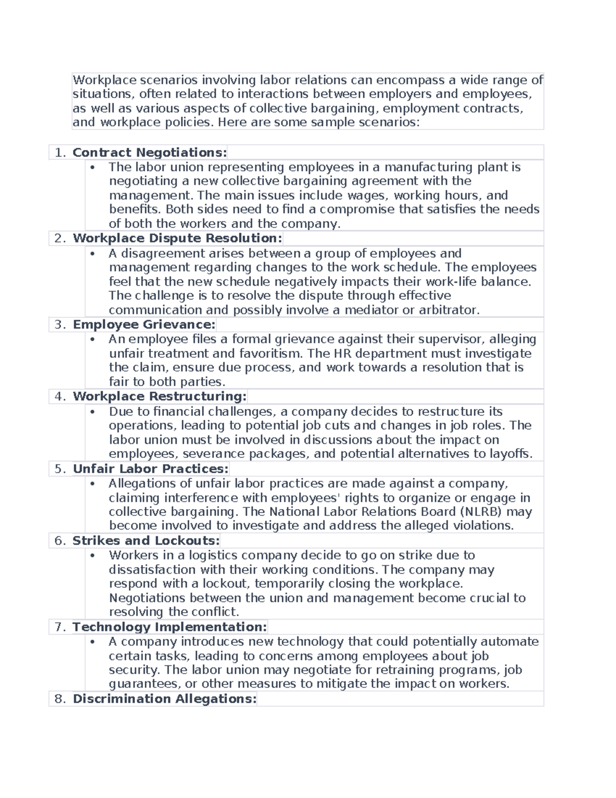 Workplace Scenarios Labor Issues - Workplace scenarios involving labor ...