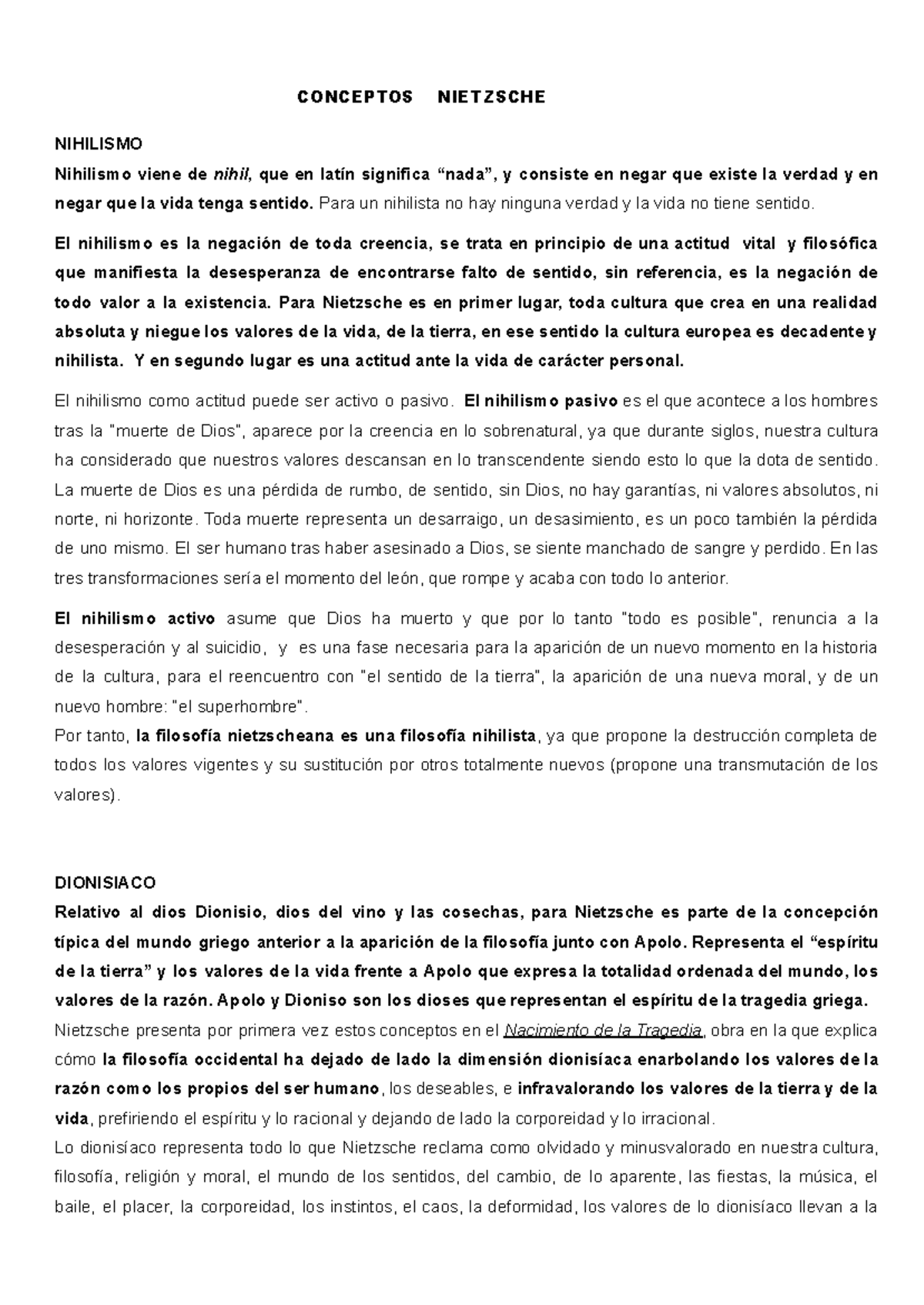 Nietzsche - CONCEPTOS NIETZSCHE NIHILISMO Nihilismo viene de nihil, que en latín significa “nada ...
