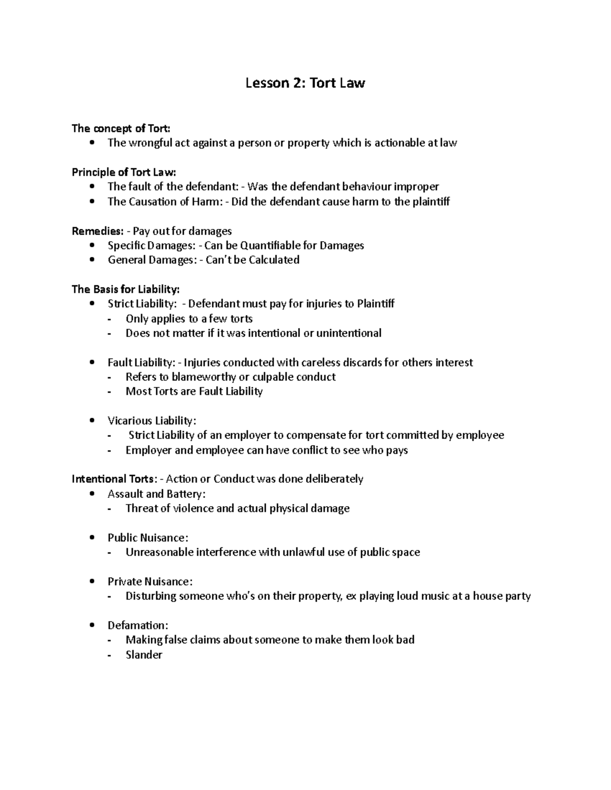 Lesson 2 - Tort Law - Lesson 2: Tort Law The concept of Tort: The ...