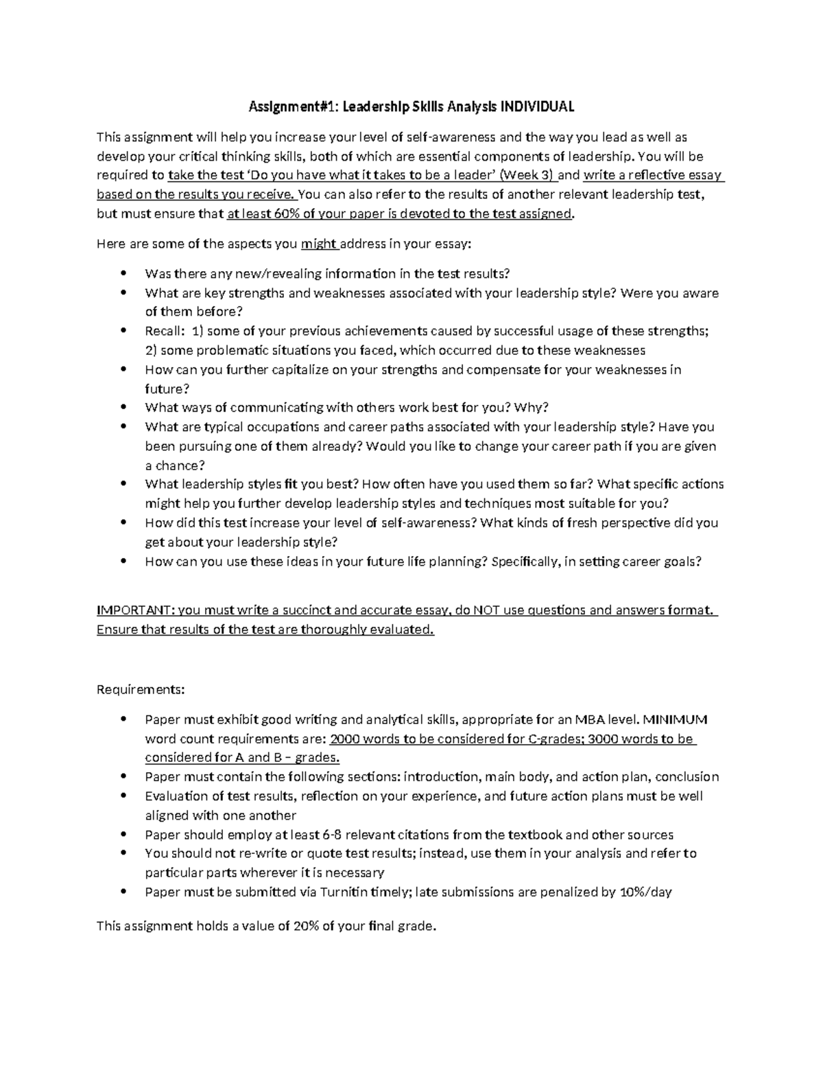 Assignment Individual - Assignment#1: Leadership Skills Analysis ...