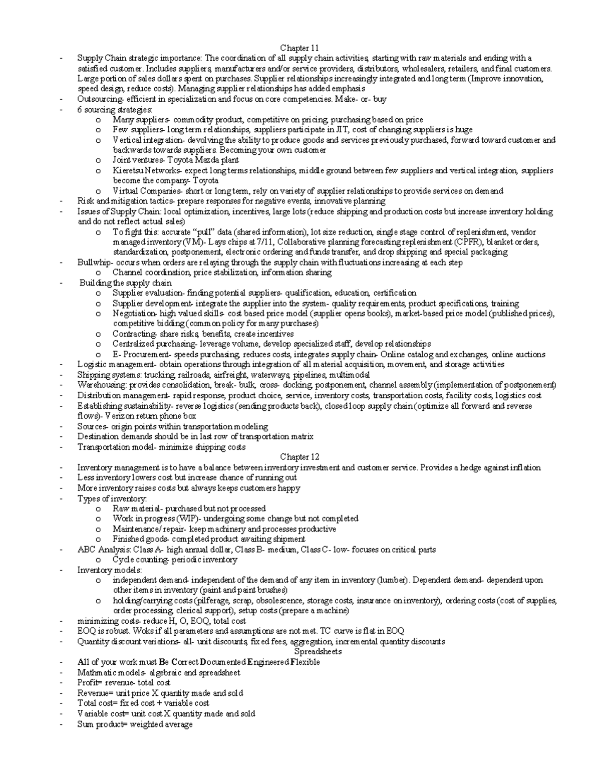 Exam 3 cheat sheet - Chapter 11 Supply Chain strategic importance: The ...