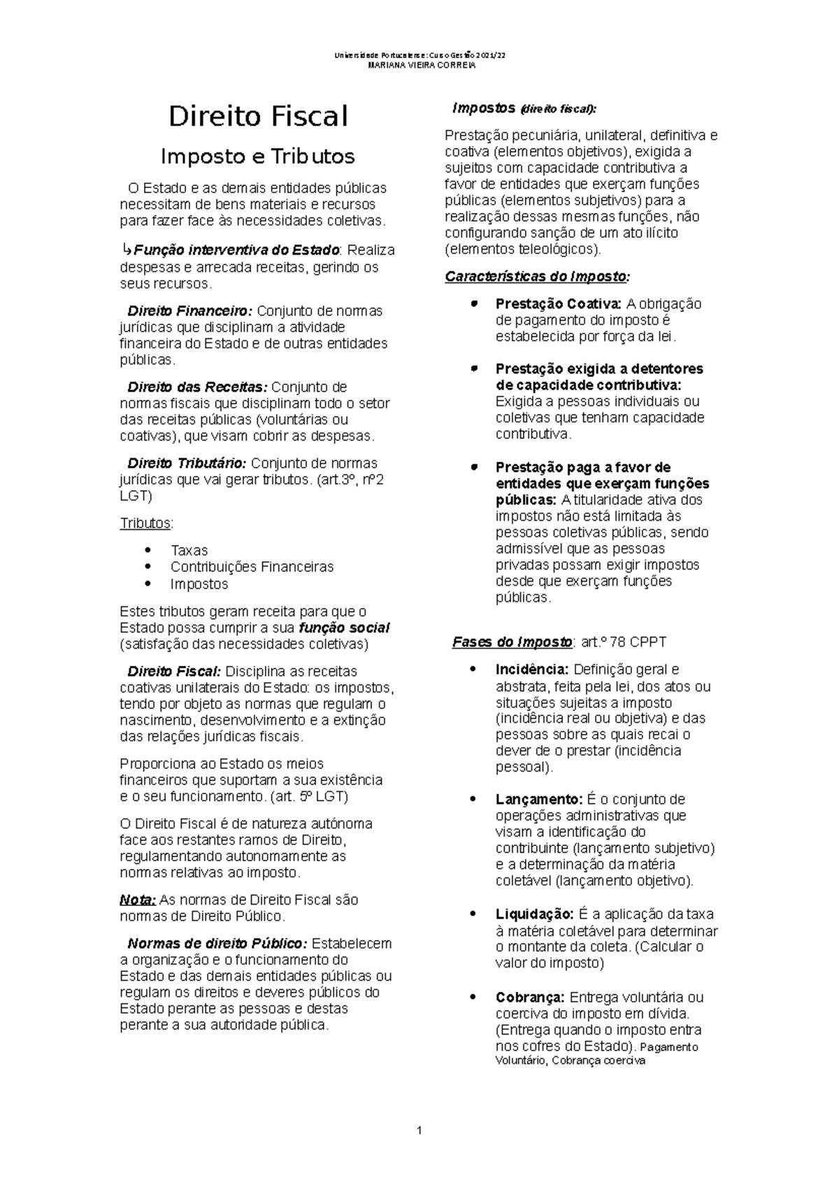 Direito Fiscal - MARIANA VIEIRA CORREIA Direito Fiscal Imposto e ...