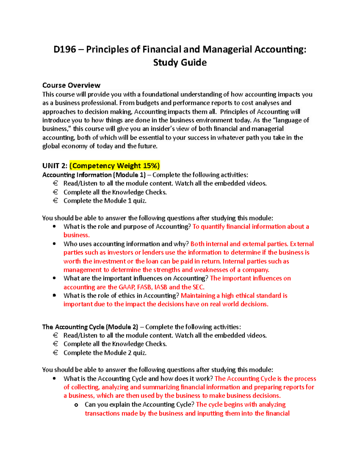 D196 Study Guide D196 Principles Of Financial And Managerial