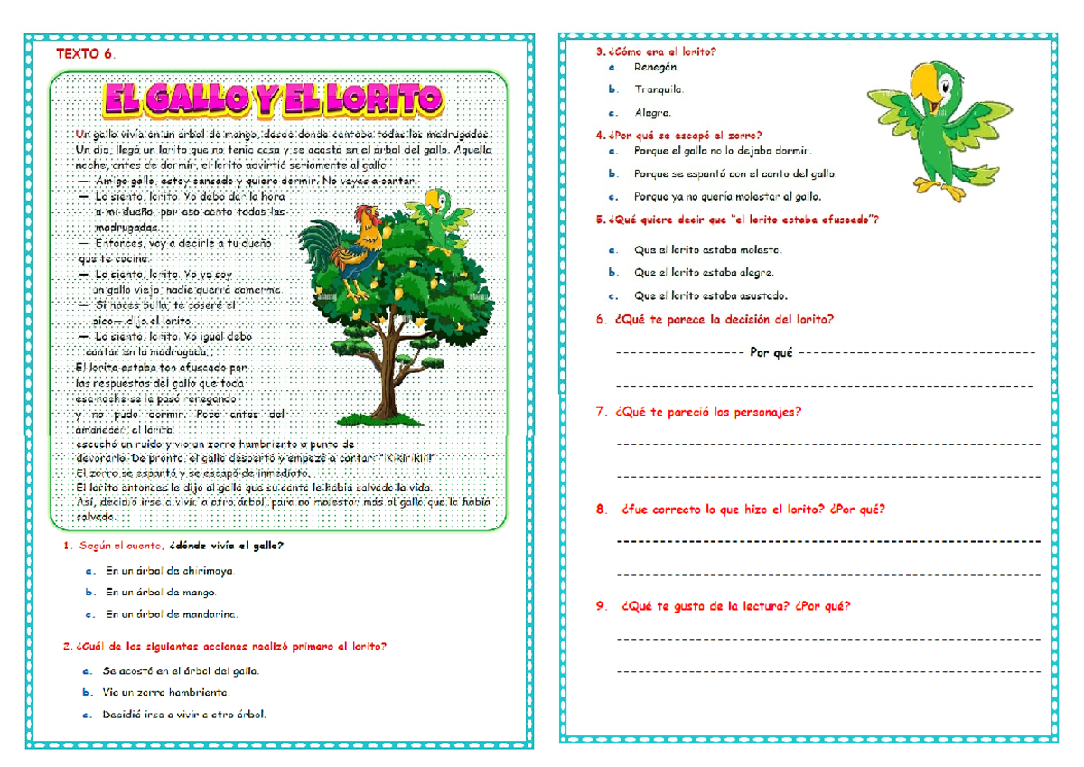 EL Gallo Y EL Lorito Cuarto - TEXTO 6. 3. era el lorito? a. Renegón. b ...