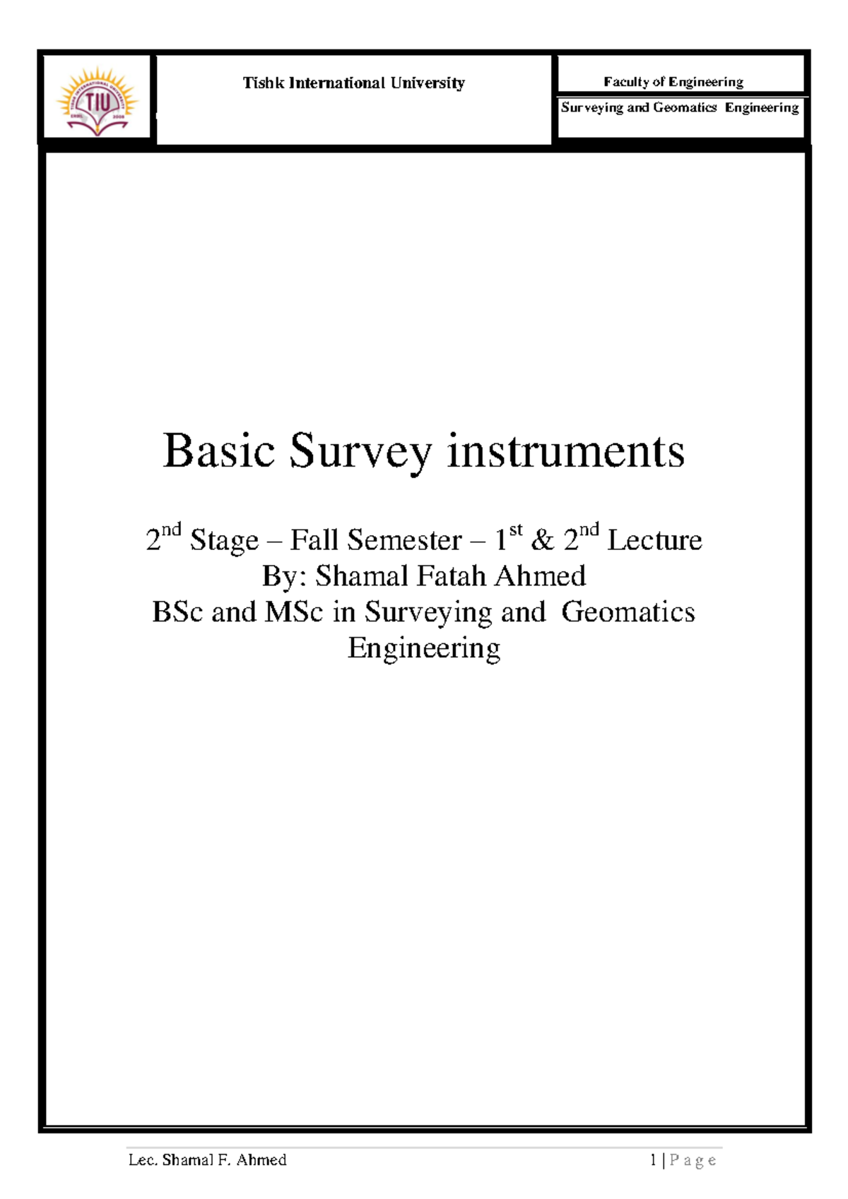 Basic Survey Instruments - Tishk International University Surveying and ...