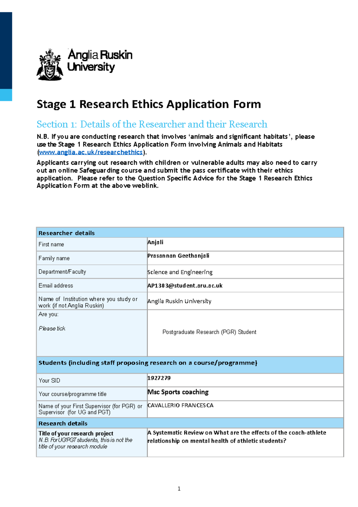 Assignments of past students that can help. - Stage 1 Research Ethics Application Form Section 1 ...