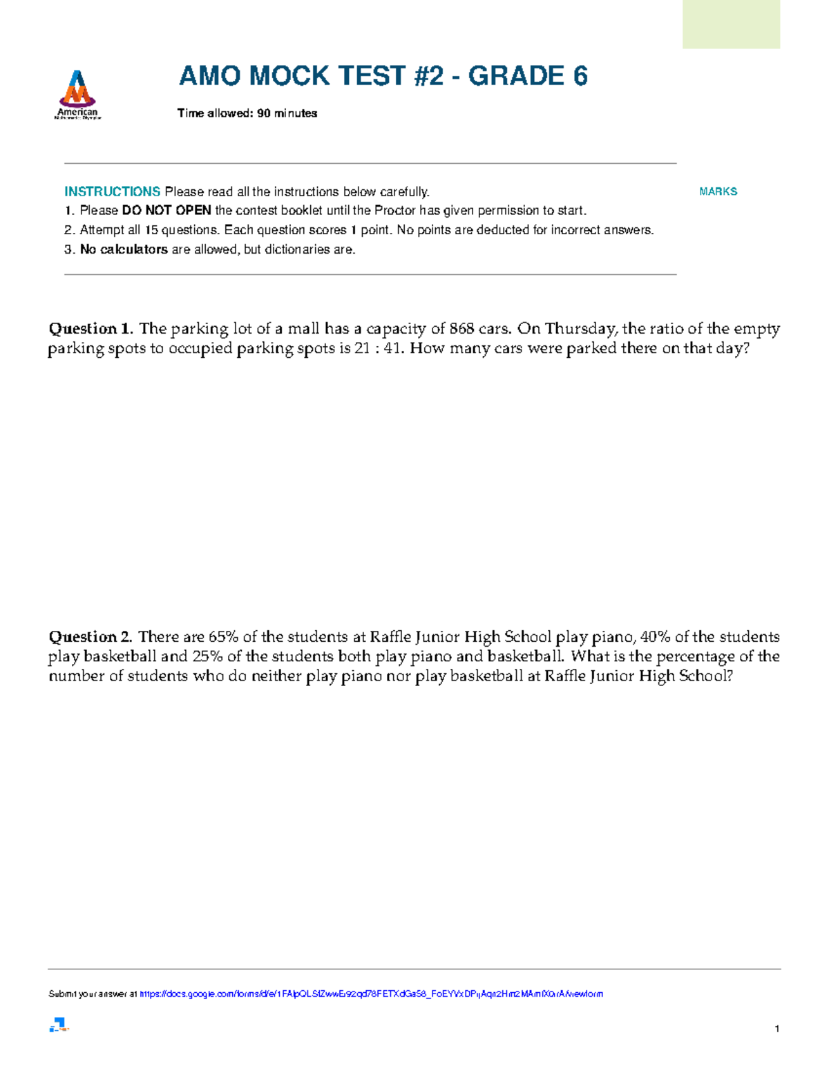 Pdfcoffee - good for practice - AMO MOCK TEST #2 - GRADE 6 Time allowed ...