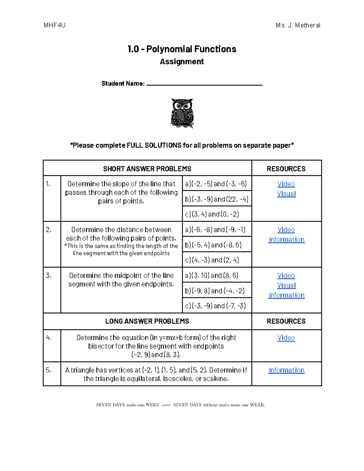 1.0 - Analytic Geometry Assignment - MHF4U Ms. J. Metheral 1 - Polynomial Functions Assignment ...