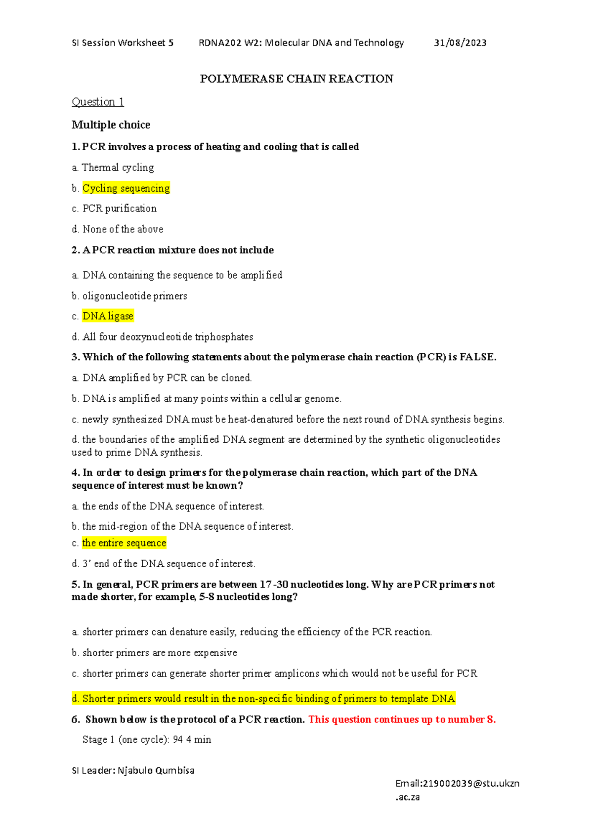 RDNA session 4 PCR - REVISION - POLYMERASE CHAIN REACTION Question 1 ...