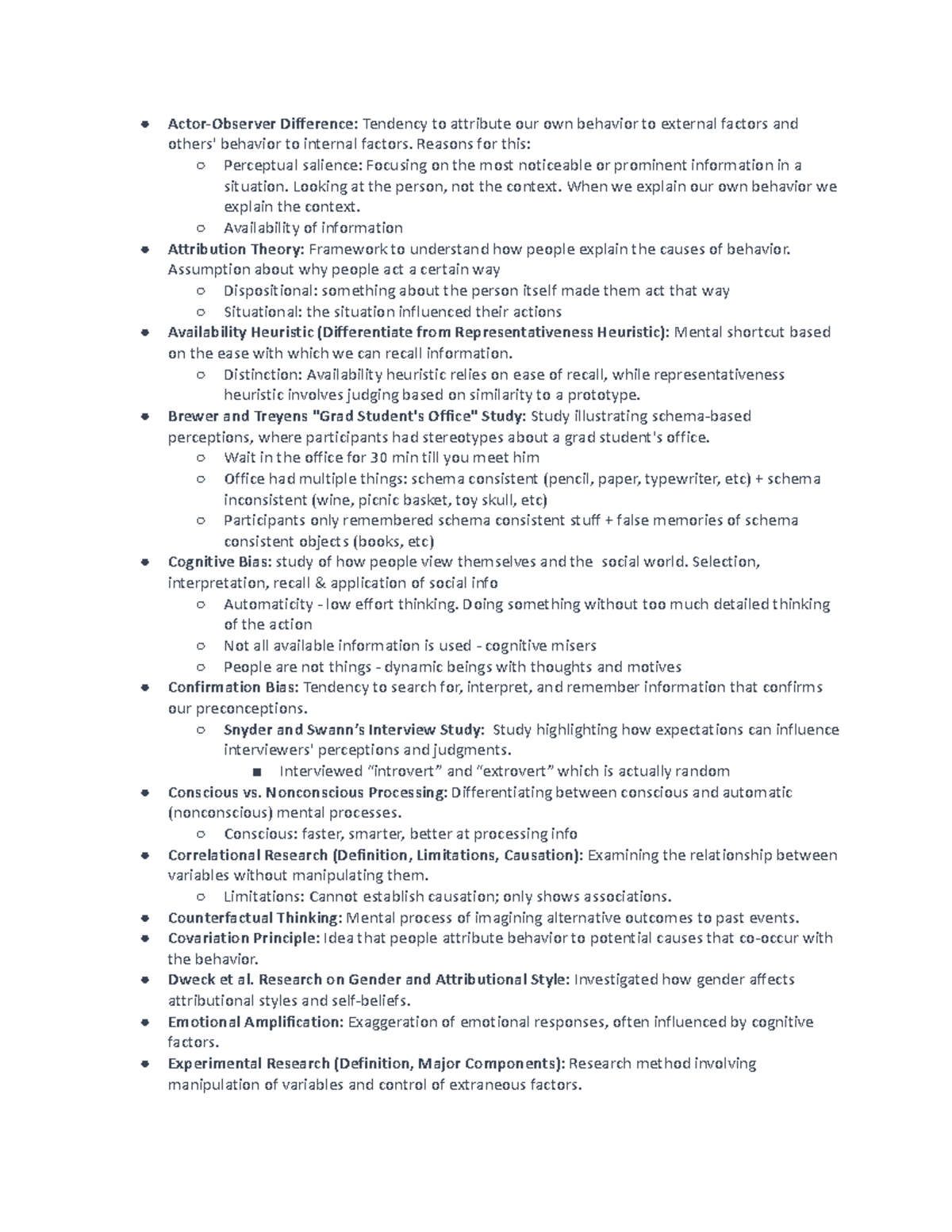 Exam 1 - cheat sheet - Actor-Observer Difference: Tendency to attribute ...