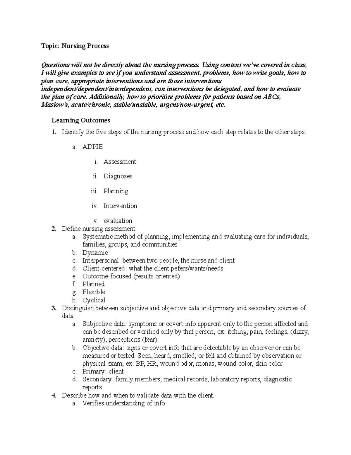 Exam2-finalized FORfinal - Topic: Nursing Process Questions will not be ...