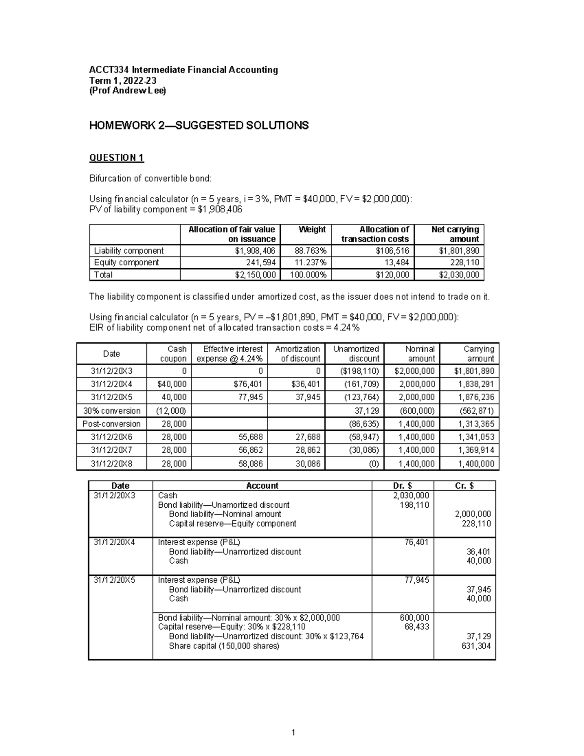 Homework 2 - Suggested Solutions - ACCT334 Intermediate Financial ...