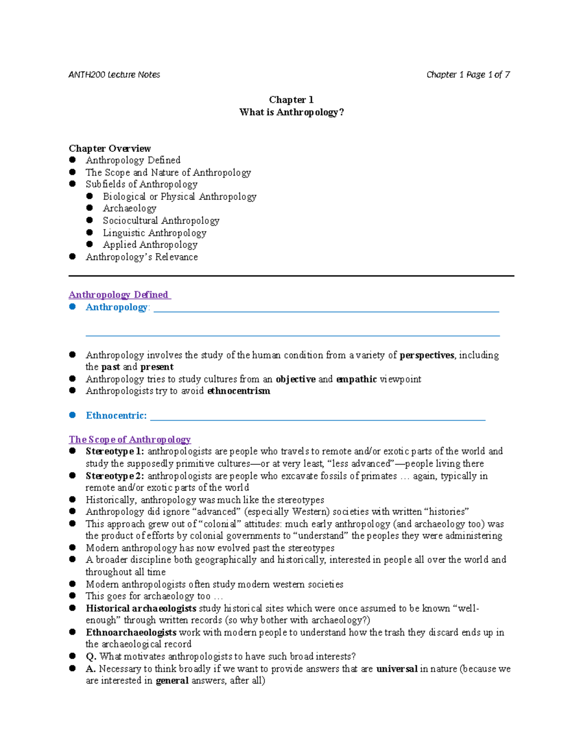 ANTH 200 Chapter 01 - Chapter 1 What is Anthropology? Chapter Overview ...