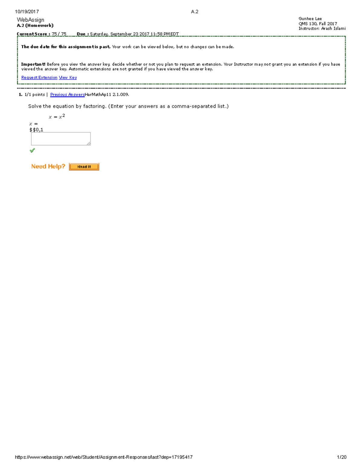 A2 - 10/19/2017 A Gunhee Lee QMS 130, Fall 2017 Instructor: Arash ...