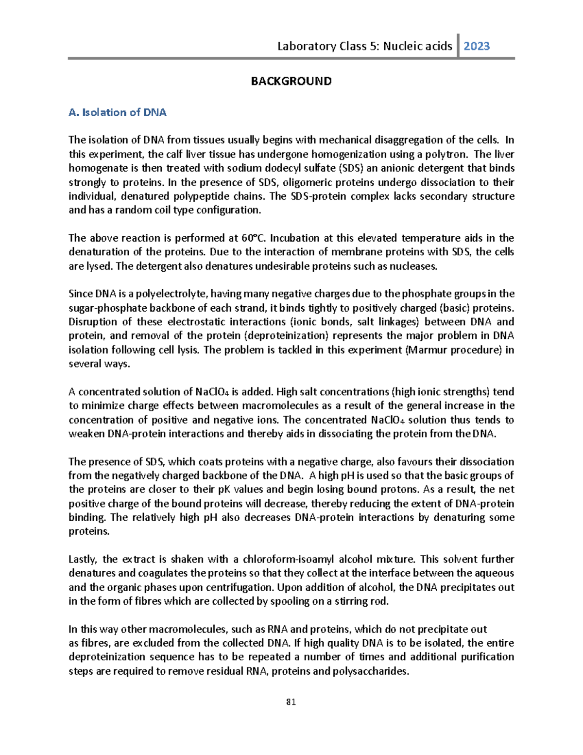 BCH2333 L5 Background - BCH lab #5 - BACKGROUND A. Isolation of DNA The ...