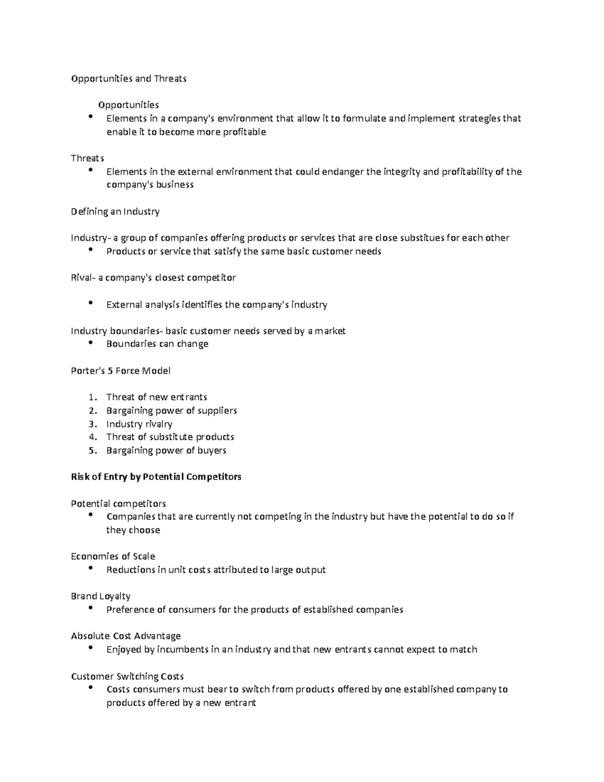 Strategy Notes 2 - Chapter 2 - Opportunities and Threats Opportunities ...