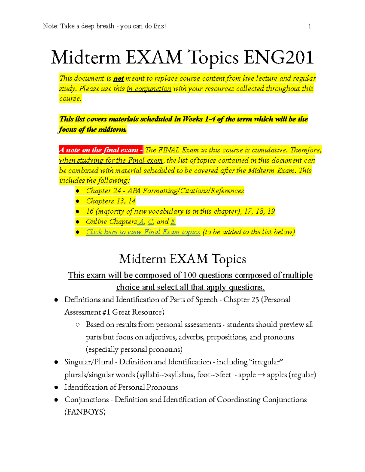 Midterm Topics ENG201 - Midterm EXAM Topics ENG This document is not meant to replace course ...