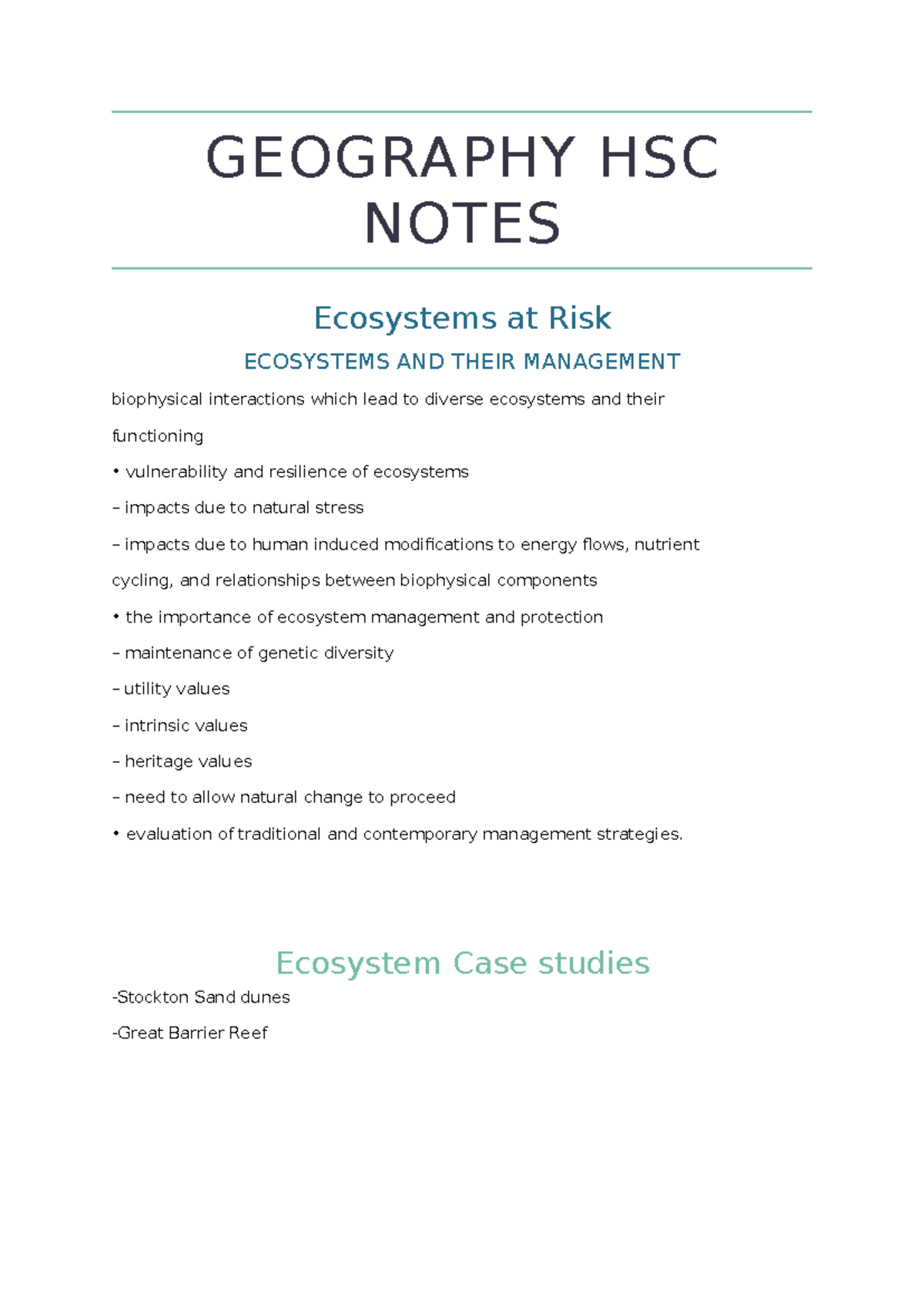 Geography hsc Notes 2 - GEOGRAPHY HSC NOTES Ecosystems at Risk ...