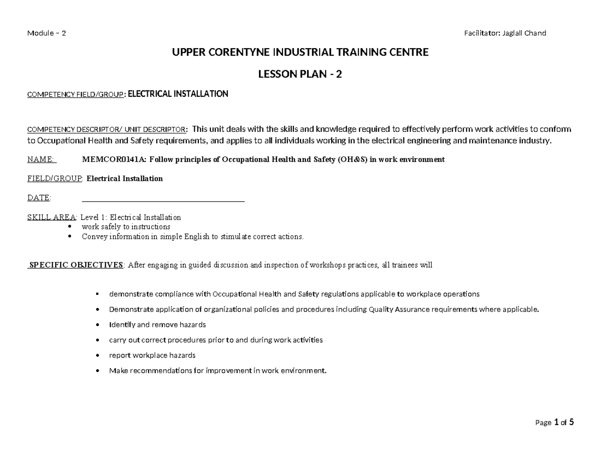 485152830 Lesson PLAN 2 Follow principles of Occupational Health and ...