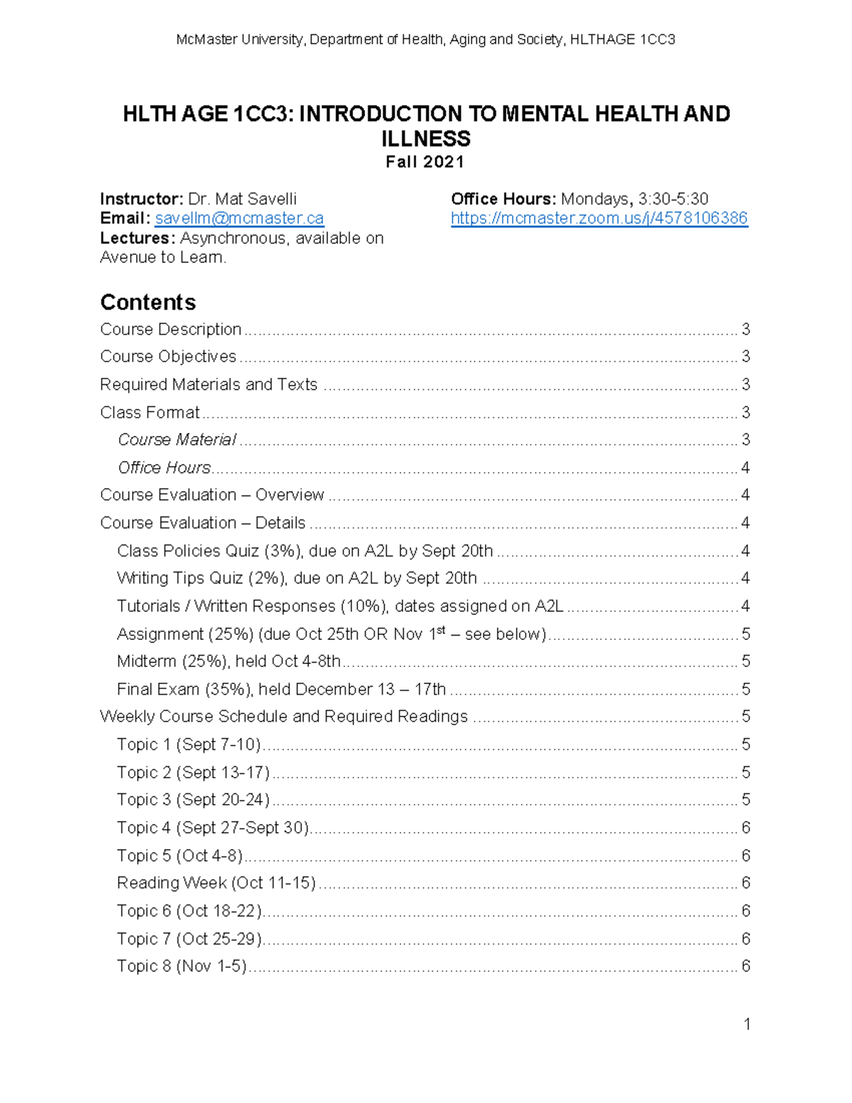 Course Outline - HLTH AGE 1CC3: INTRODUCTION TO MENTAL HEALTH AND ...