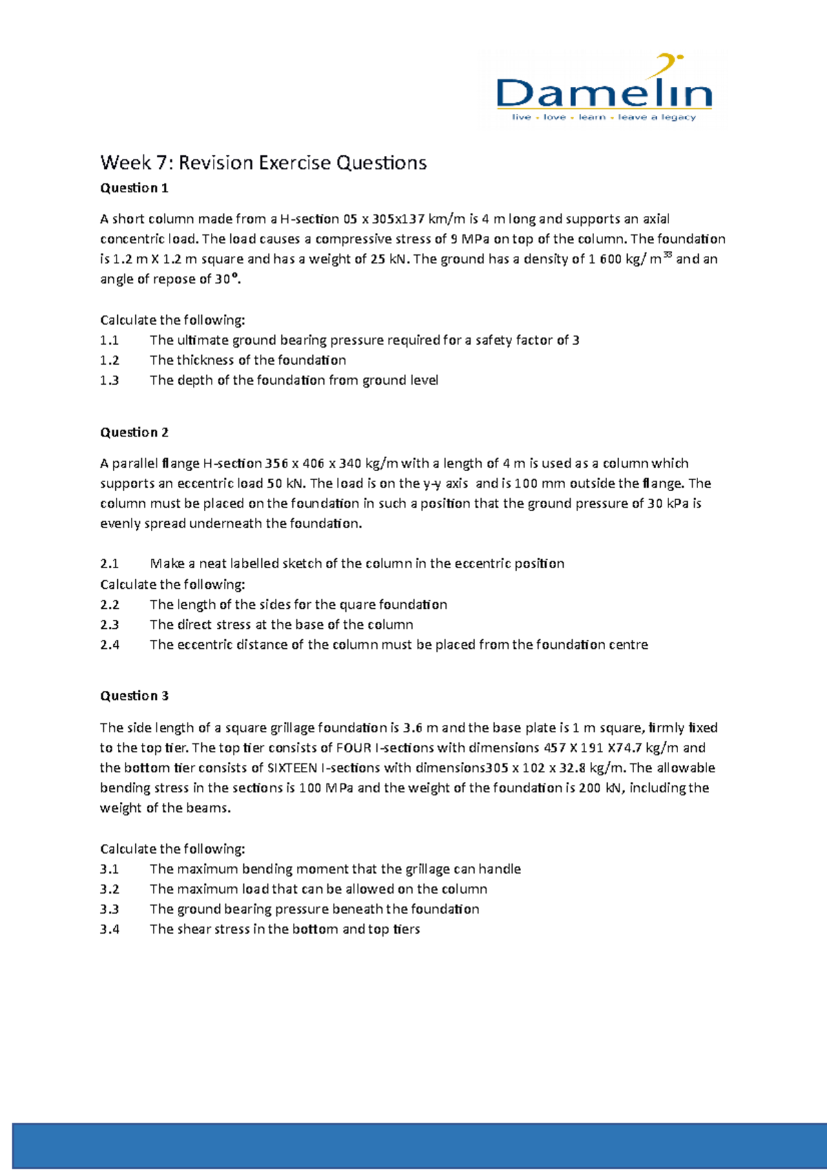 Revision Exercize Week7 - Week 7: Revision Exercise Questions Question ...