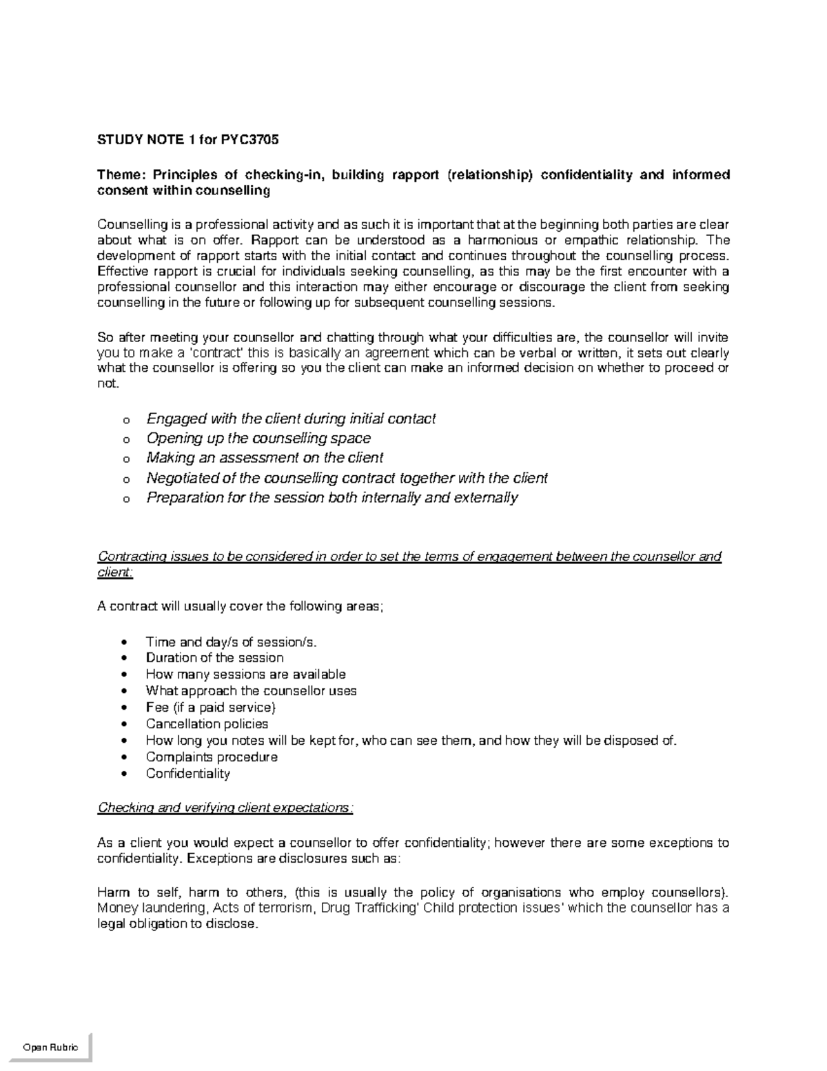 Study NOTE 1 Theme - Principles of checking-in, building rapport ...