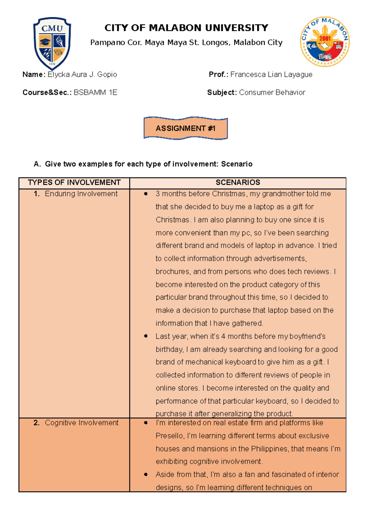 ELM121 Assignment 1 - CITY OF MALABON UNIVERSITY Pampano Cor. Maya Maya ...