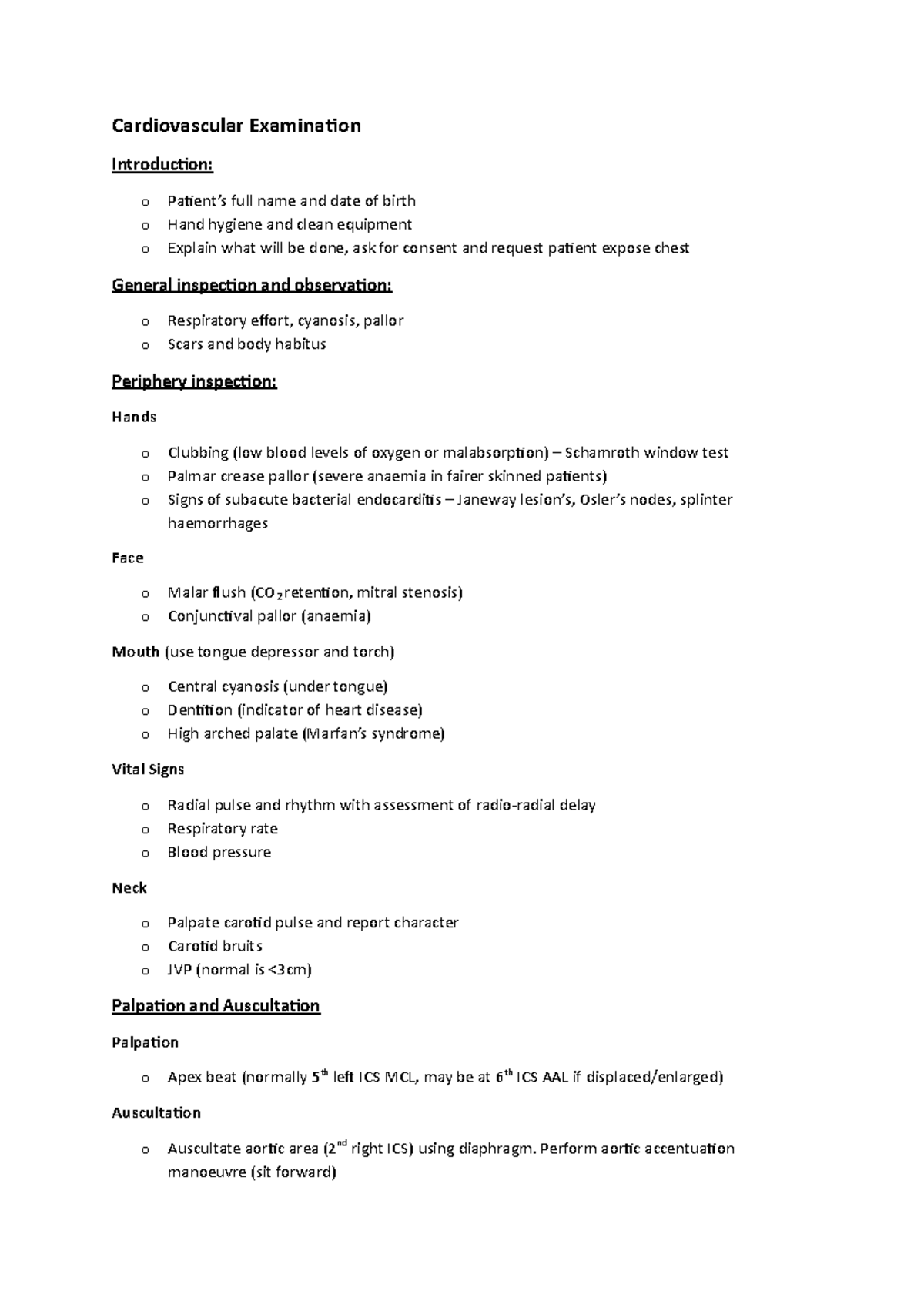 Cardiovascular Examination - Cardiovascular Examination Introduction: o ...