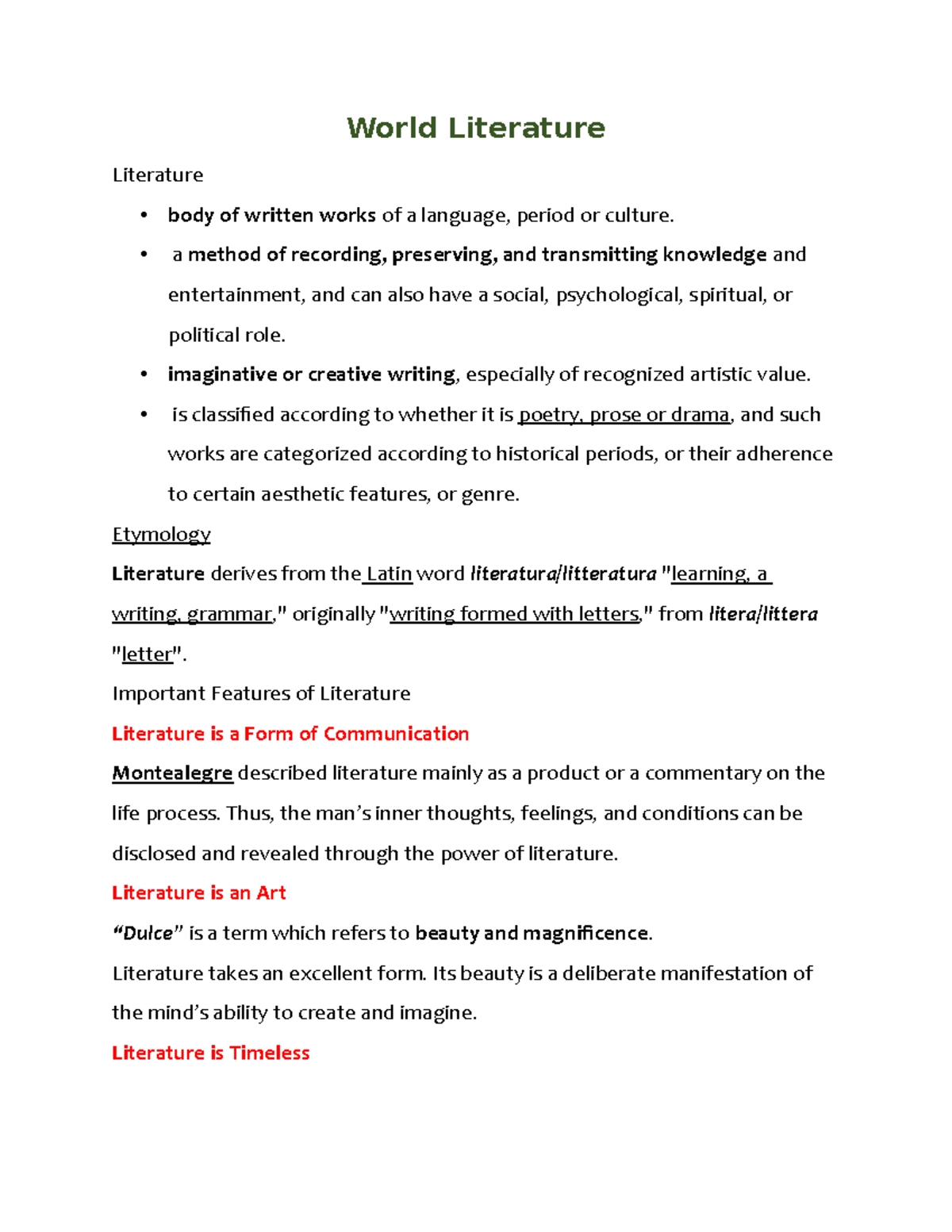 World Literature - World Literature Literature - body of written works ...