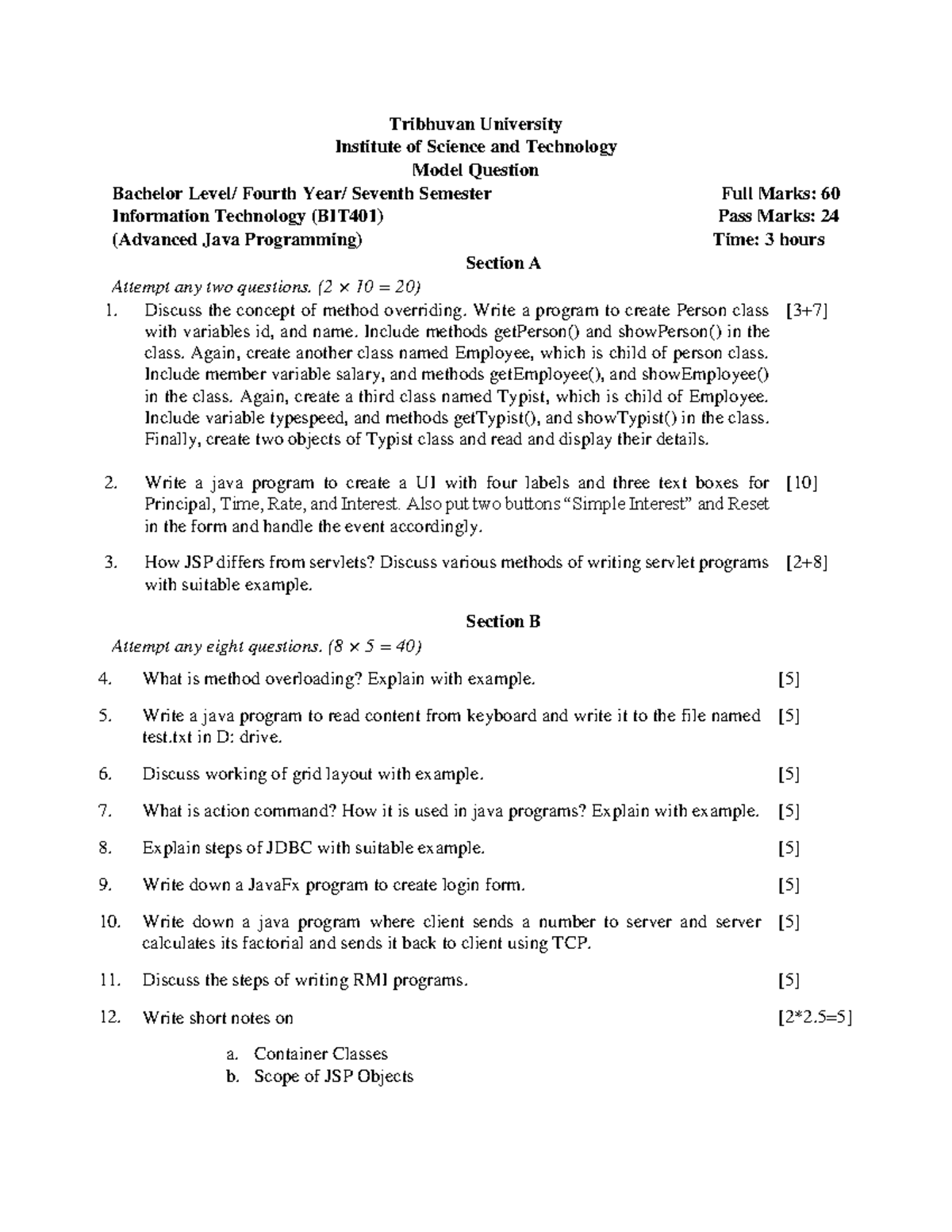 BIT 7th Semester Model Question - Institute of Science and Technology ...