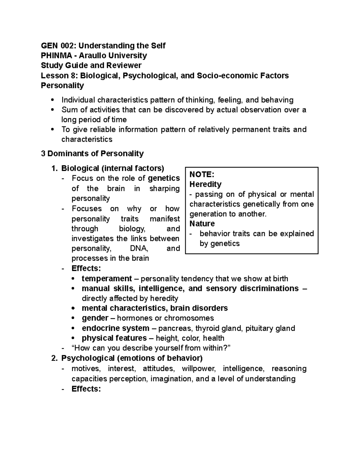 GEN 002 Lesson 8 - GEN 002: Understanding the Self PHINMA - Araullo University Study Guide and ...