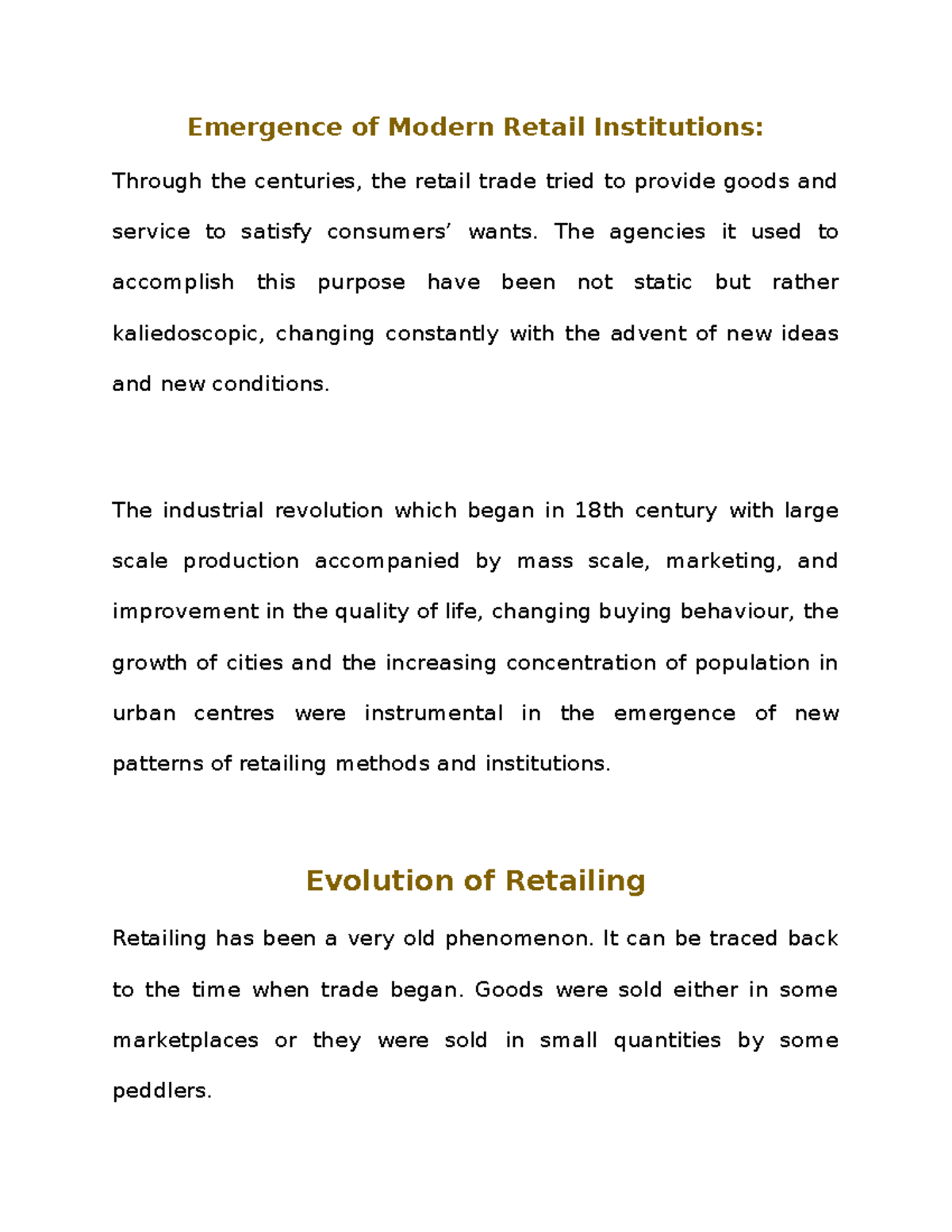 Evolution of Retailing - Emergence of Modern Retail Institutions ...