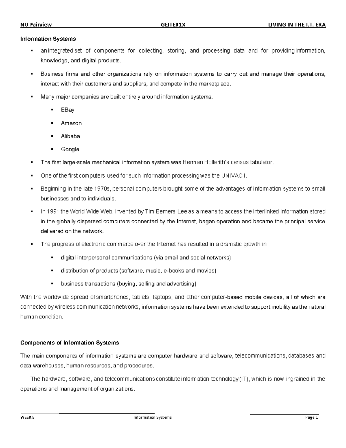 Geite 01x Week8 Handouts Nu Fairview Geite01x Living In The I Era Week 8 Information Systems