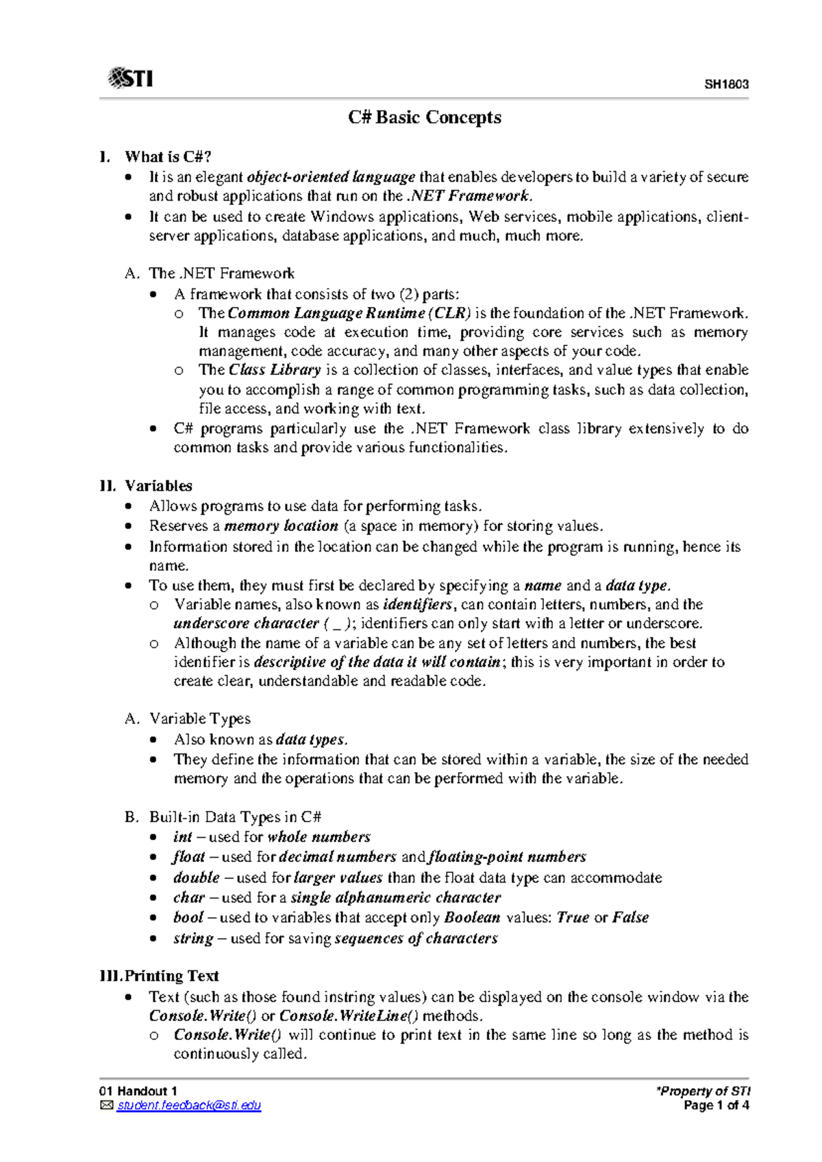 01 Handout 1(17) - none - 01 Handout 1 *Property of STI C# Basic ...